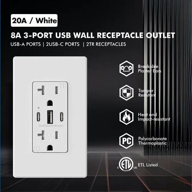 Micmi USB C Wall Outlet, 40W 8.0 Amp 3-Port USB C Outlet 20A Tamper ...