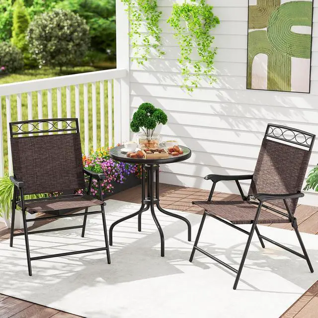 Giantex Patio Dining Set Round Glass Table with 2 Patio Folding Chairs ...