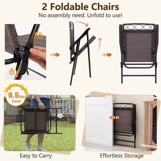 Giantex Patio Dining Set Round Glass Table with 2 Patio Folding Chairs ...