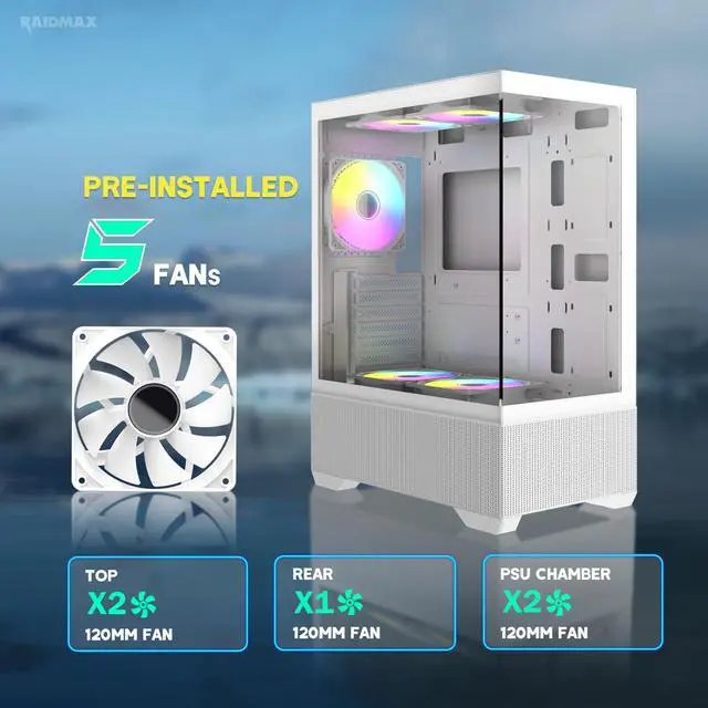 Raidmax I802 AWS White Color Air Flow Compact Panoramic ATX Mid Tower Case 270° View Tempered ...