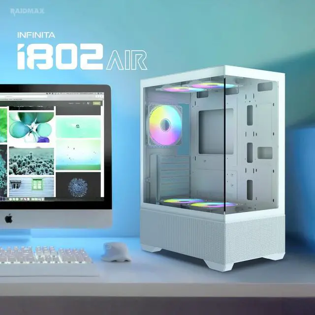 Raidmax I802 AWS White Color Air Flow Compact Panoramic ATX Mid Tower Case 270° View Tempered ...