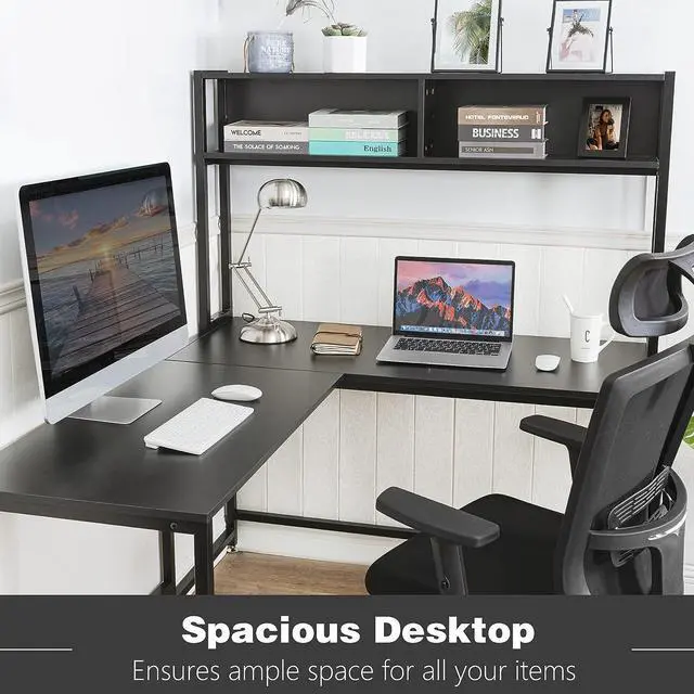 Becko US L Shaped Desk with Hutch, 56 Inch Corner Computer Desk, Home ...