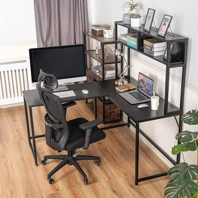 Becko US L Shaped Desk with Hutch, 56 Inch Corner Computer Desk, Home ...