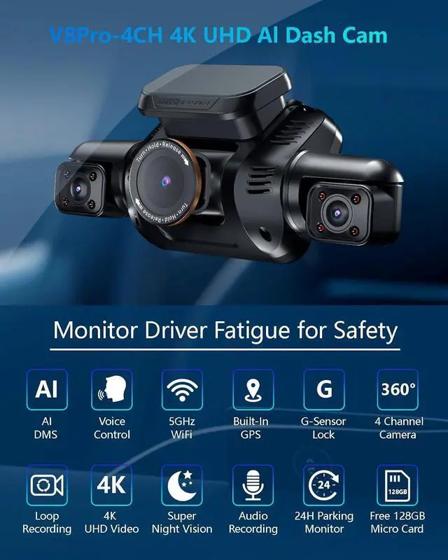 AI Dash Cam Front Rear Inside with Driver Monitor System, 360° Car ...