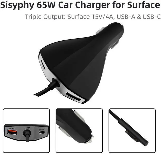 Surface Pro Car Charger 65W 15V4A, Sisyphy DC Vehicle Adapter with USB ...