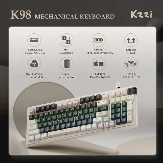 RK ROYAL KLUDGE K98 Wireless Mechanical Keyboard, Triple Mode BT/2.4G ...