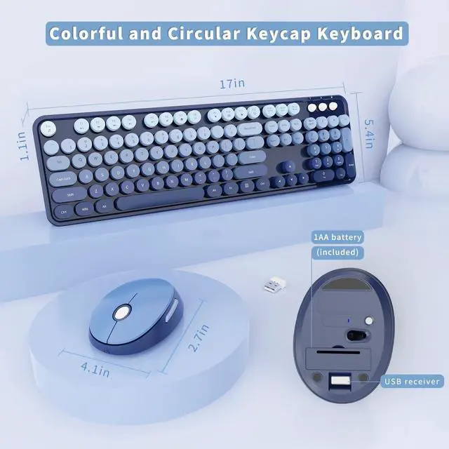 Wireless Keyboard and Mouse Combo, Ergonomic Full Size Typewriter Retro ...