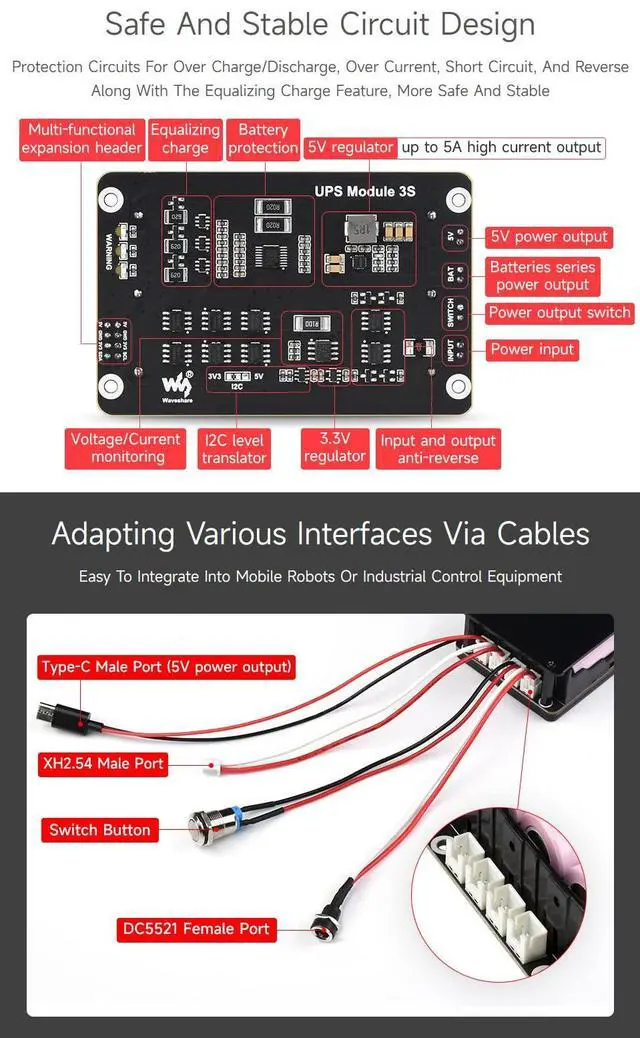Waveshare Uninterruptible Power Supply (UPS) Module, Supports Charging ...