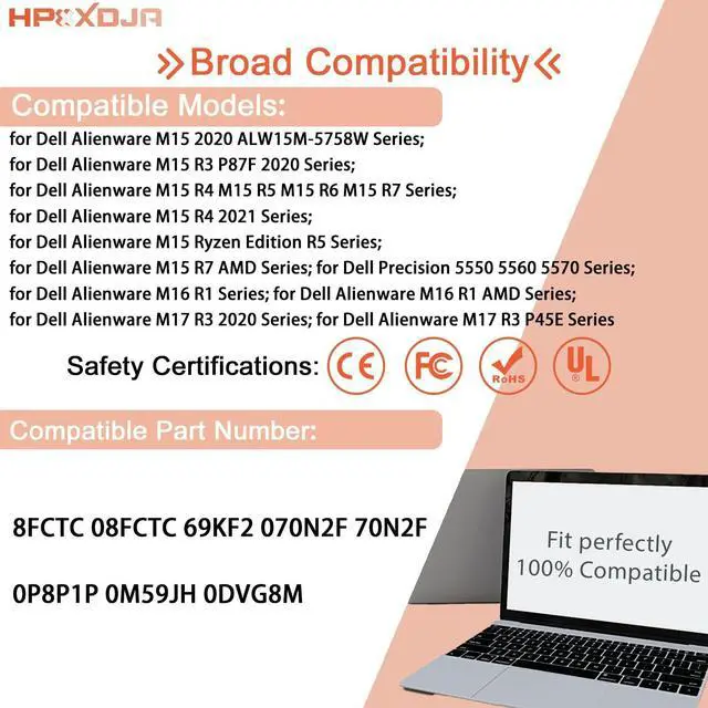 HPXXDJA 8FCTC Laptop Battery Replacement for Dell XPS 15 9500 Alienware ...