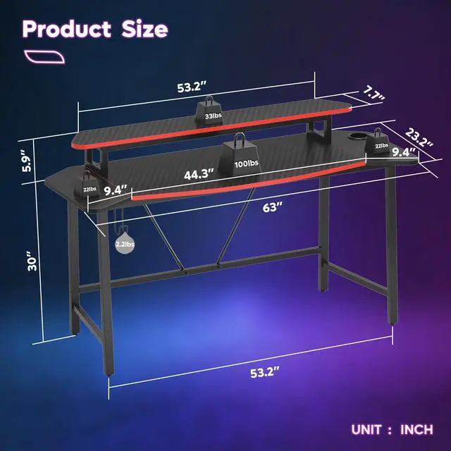 Bestier Gaming Desk with Monitor Stand, 63 inch LED Computer Desk with ...