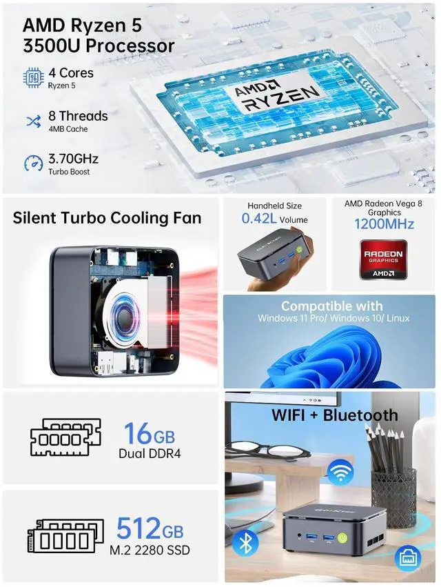 GMKtec G10 Mini PC Computer, Ryzen 5 3500U (Beats N150/3300U/3200U ...