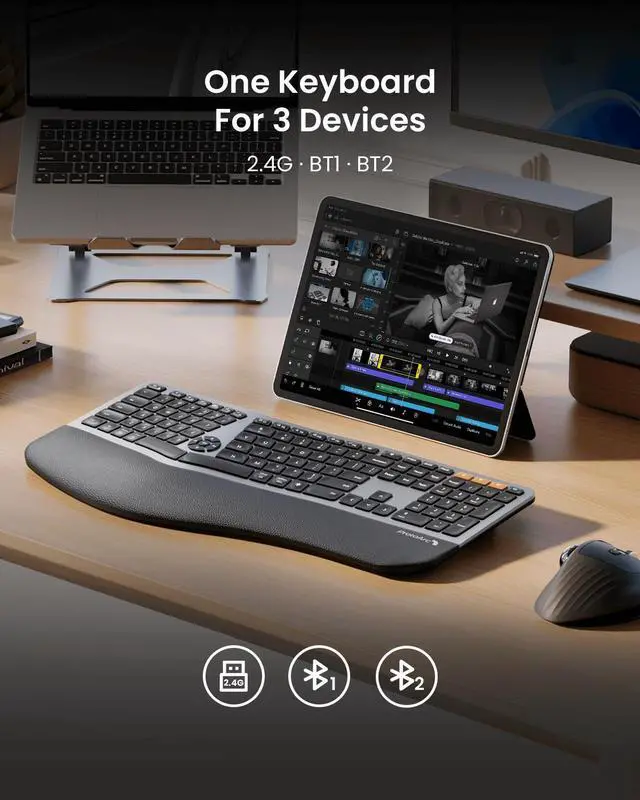 ProtoArc Backlit Wireless Ergonomic Keyboard, EK01 Plus Full Size Ergo ...