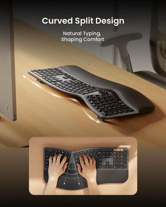 ProtoArc Backlit Wireless Ergonomic Keyboard, EK01 Plus Full Size Ergo ...