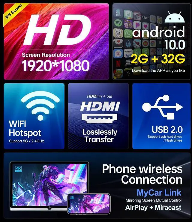 14 inch 4K Android 10.0 Portable Car TV Headrest Monitor Tablet for ...