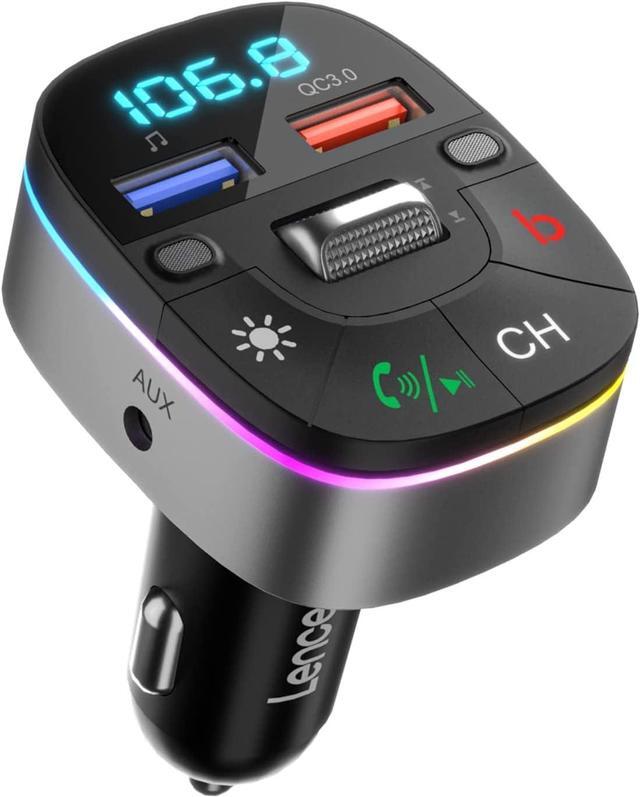 LENCENT Bluetooth 5.0 Car FM Transmitter QC3.0 Car Charger AUX Bluetooth Radio Music Adapter Stronger Wireless Dual Mics Bass Sound Cigarette