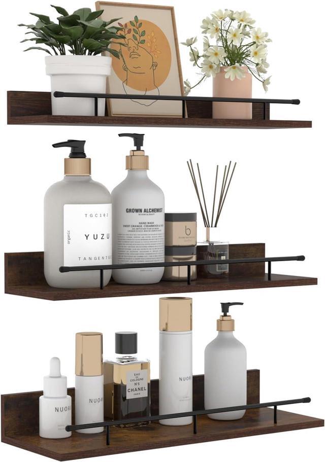 Giftgarden 16 Inch Brown Floating Shelves with Black Metal Guardrail Wood Shelves for Wall Storage Set of 3 Wall shelf for Bathroom Bedroom Living Room Kitchen Nursery Newegg