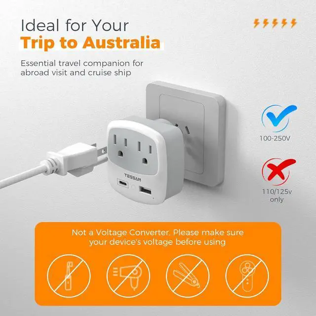 Australia New Zealand Plug Adapter, TESSAN Type I Travel Adaptor with 2 ...