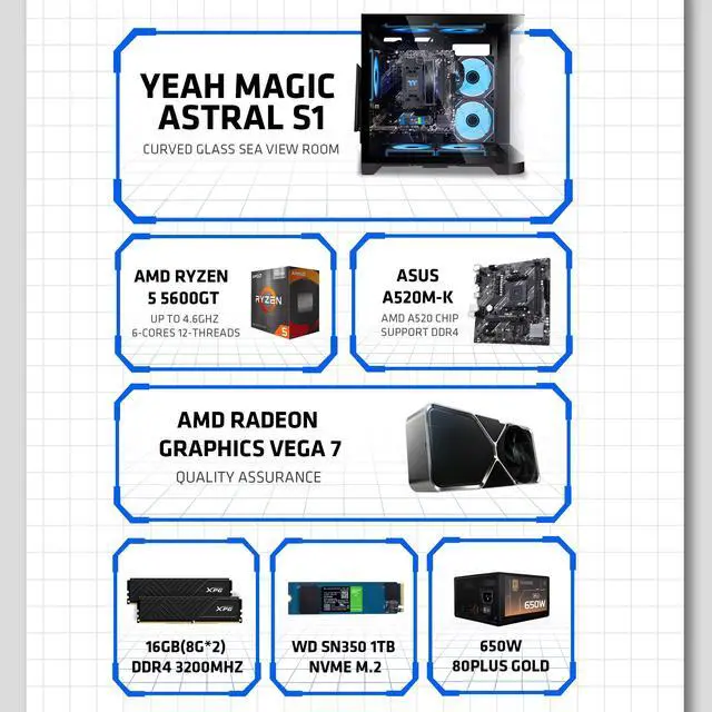 YEAH MAGIC Astral S1 Gaming Desktop AMD Ryzen 5 5600GT (6 core up to 4 ...