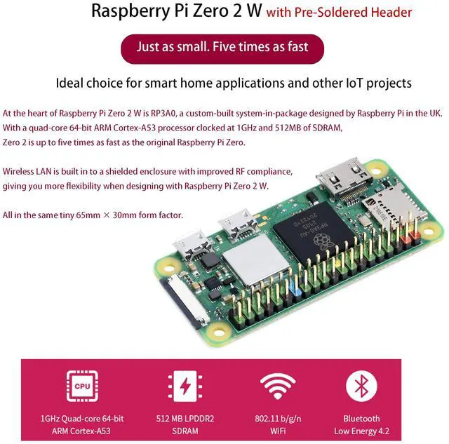 Pi Zero 2 W Basic Kit with Pre-Soldered Color-Coded Header Raspberry Pi Zero 2 W + Mini HDMI to ...