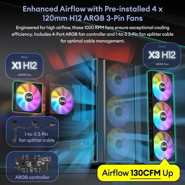 Okinos Micro ATX Case, 4 × 120mm ARGB Non-PWM Case Fans Pre-Installed ...