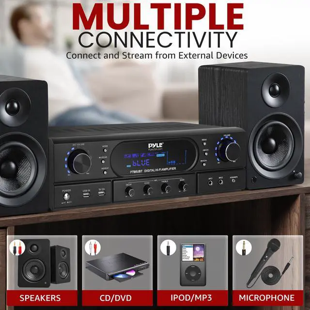 Pyle Home Theater Wireless Bluetooth Receiver Amplifier - 2x90W Dual ...