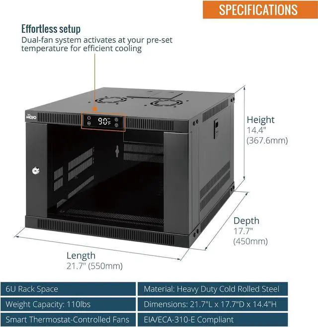 Tecmojo 6U Wall Mount Rack with Thermostat, 17.7inch Depth Enclosed ...