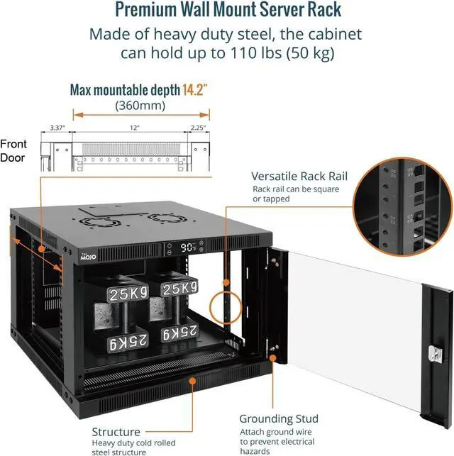 Tecmojo 6U Wall Mount Rack with Thermostat, 17.7inch Depth Enclosed ...