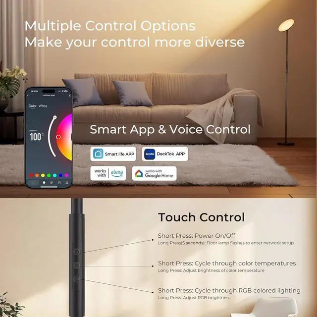 Smart Floor Lamp, 2800LM RGBWW Standing Lamps for Living Room with ...