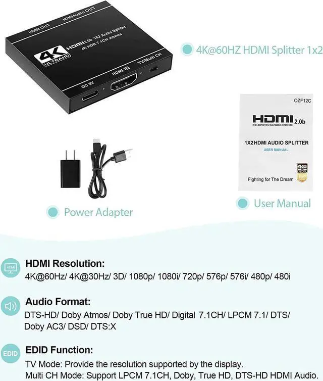 HDMI Switch HDMI Splitter 4K@60HZ, HDMI Splitter 1 in 2 Out with Audio ...