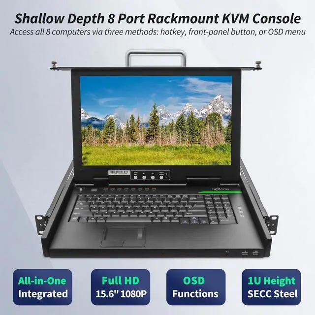 1U Rack Mount KVM Console, 1080P 15.6" LCD Monitor, 8 Port VGA KVM ...