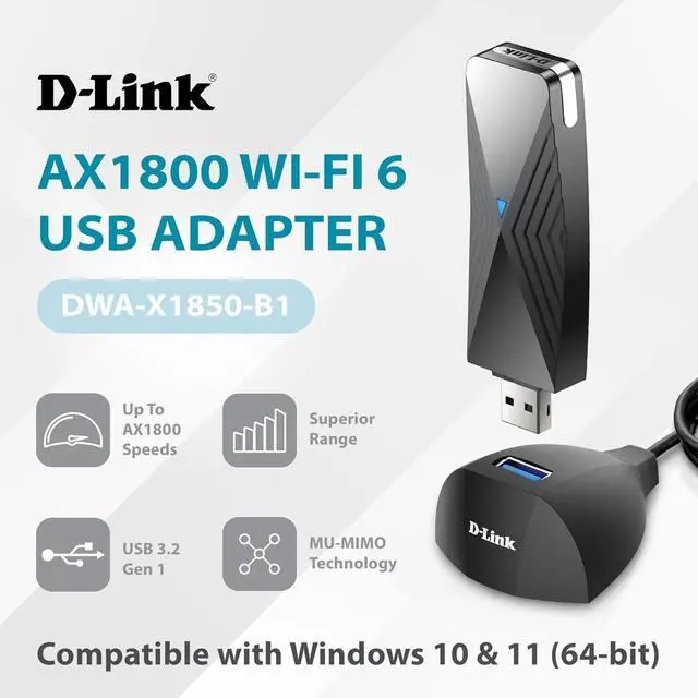 D-Link USB WiFi 6 Adapter AX1800 USB 3.0 Dual Band Long Range MU-MIMO ...