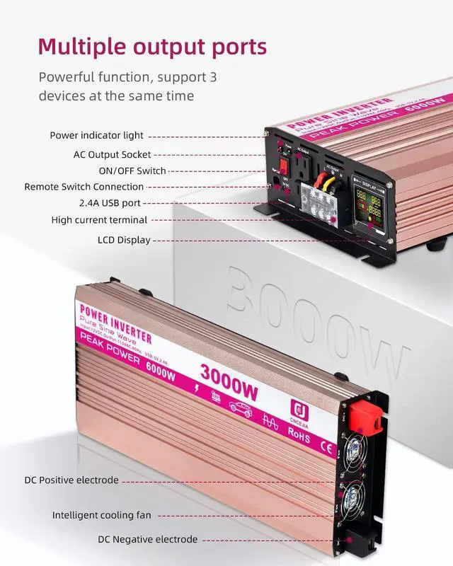 CEJIA Power Inverter 3000W Pure sine Wave ac car Inverter Peak 6000watt ...