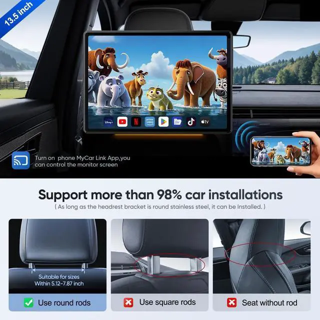 13.5 Inch Android Car Headrest Monitor for Back Seat, Wireless Phone ...