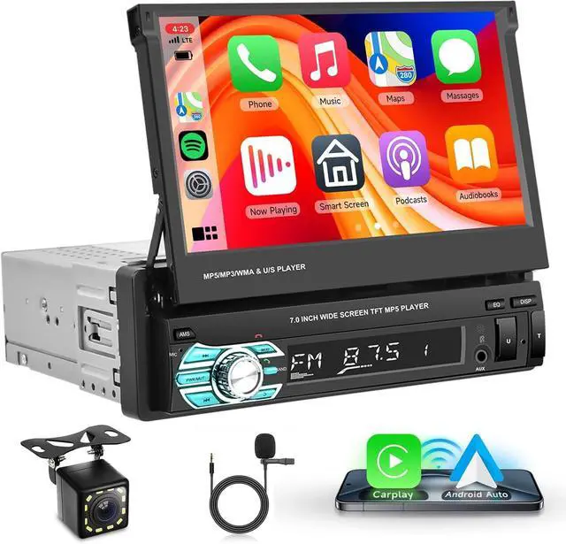 Single Din Wireless Carplay Car Stereo with Bluetooth, 7 Inch flip Out ...