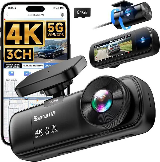 4K 3 Channel Dash Cam, Cam Front and Rear C3, Free 64GB Card, 4K+1080P ...