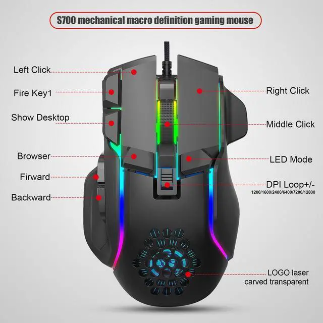 10-key wired game competition mouse macro progamming with 13 RGB ...