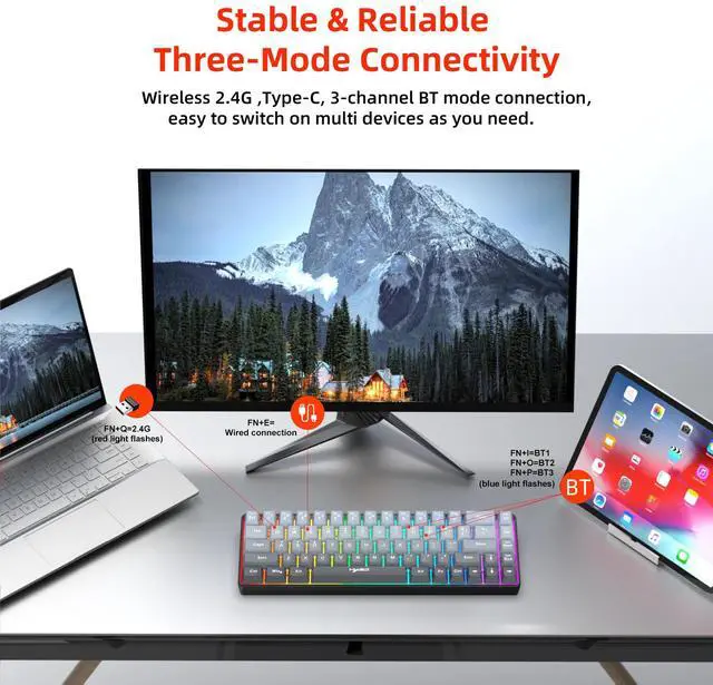 New 68-key three-mode wired/wireless/b luetooth film gaming keyb oard ...