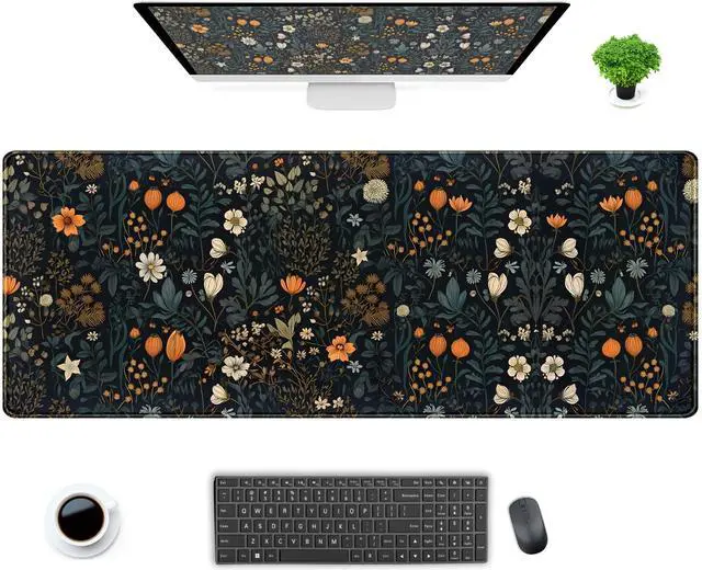 Retro Dark Floral Desk Mat Cute Plant Flowers Mouse Pad XL Large Desk ...