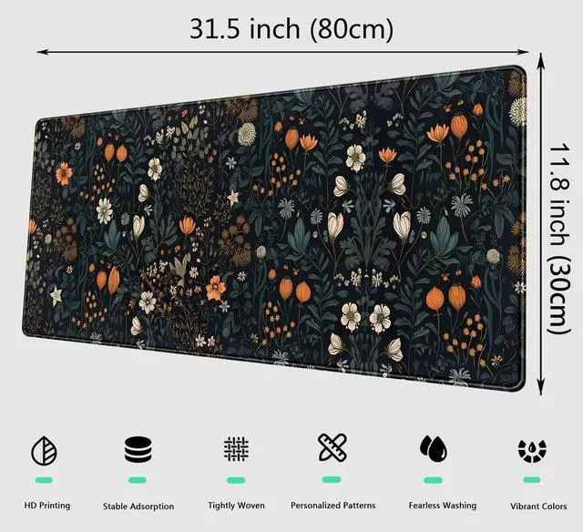 Retro Dark Floral Desk Mat Cute Plant Flowers Mouse Pad XL Large Desk ...