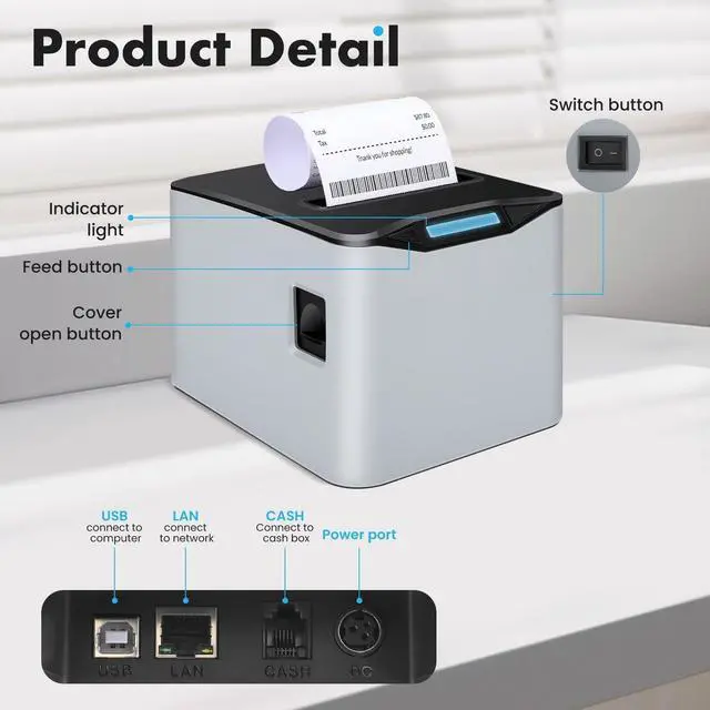 NUCOUN Thermal Receipt Printer, 80mm USB POS Printer,Auto Cutter ...