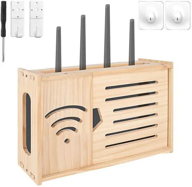 Kingshion Wooden Wall Mount Router Shelf Storage Box, 13" Wifi Cable ...