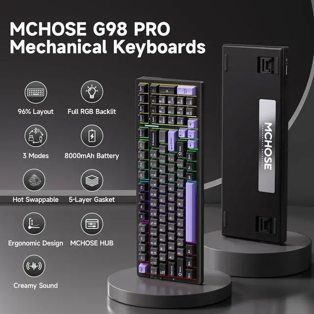 MCHOSE G98 PRO Wireless Mechanical Keyboard, Tri-Mode Connection Gaming ...
