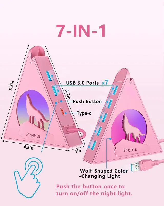 7 Port USB 3.0 Hub,Pink USB Hub with Wolf Shaped RGB Night Light, 2ft ...