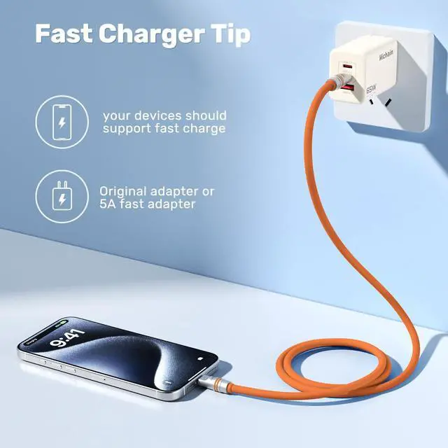 Hichain 2 Pack USB C to USB C Cable Orange 240W 4ft+6.5ft, Chubby Cable ...