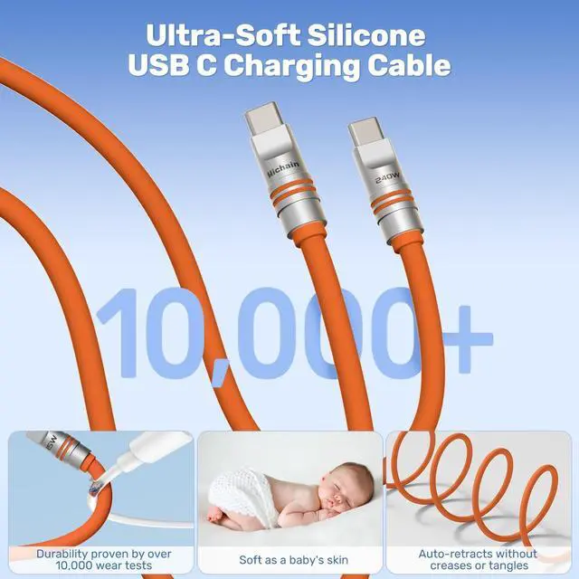 Hichain 2 Pack USB C to USB C Cable Orange 240W 4ft+6.5ft, Chubby Cable ...