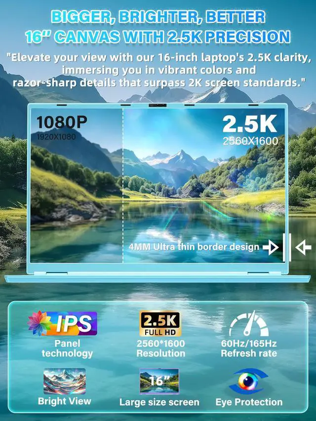 Rumtuk 16" Slim Blue Laptop, 2.5K QHD IPS (2560x1600) Display, in tel ...