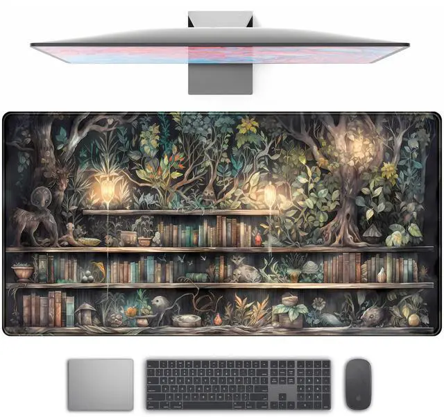Forest Library Book Mouse Pad Desk Mat, Mystical Green Tree House XXL ...