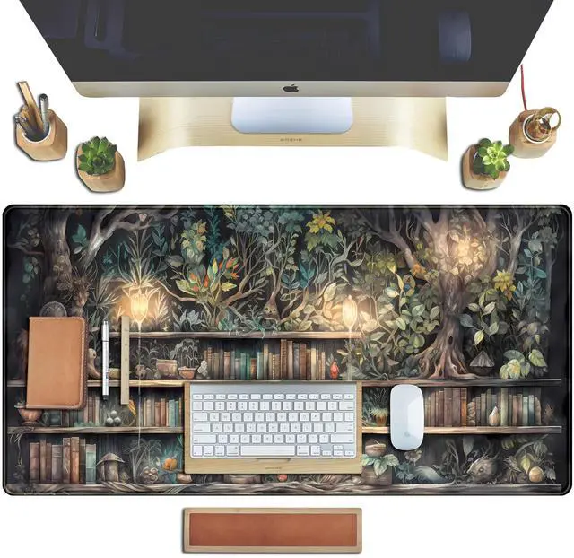 Forest Library Book Mouse Pad Desk Mat, Mystical Green Tree House XXL ...
