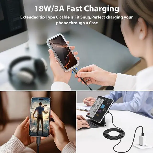 10mm Extended Tip USB to USB C Cable 6ft/3ft,Data Transfer Type C ...