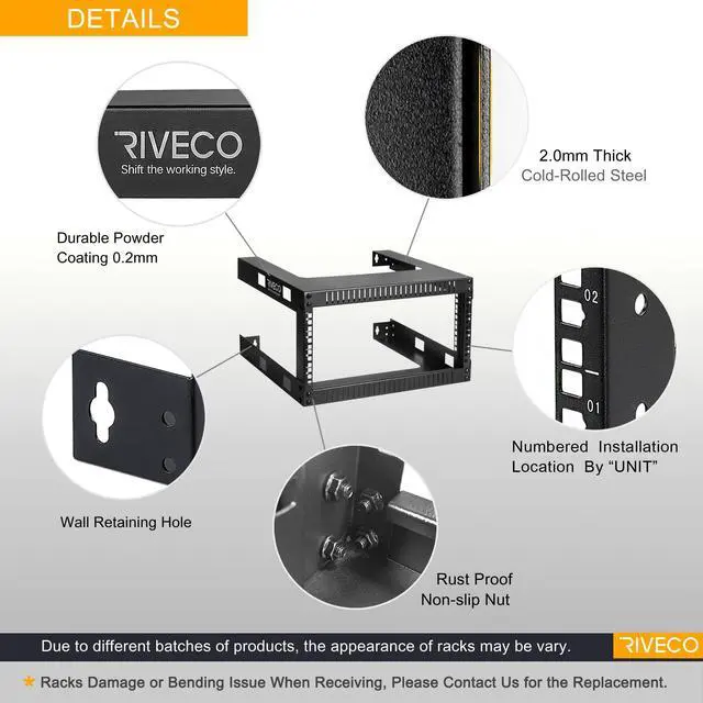 RIVECO 4U 19" Wall Mount Network Rack 17.7" Deep 2 Post Open Frame ...